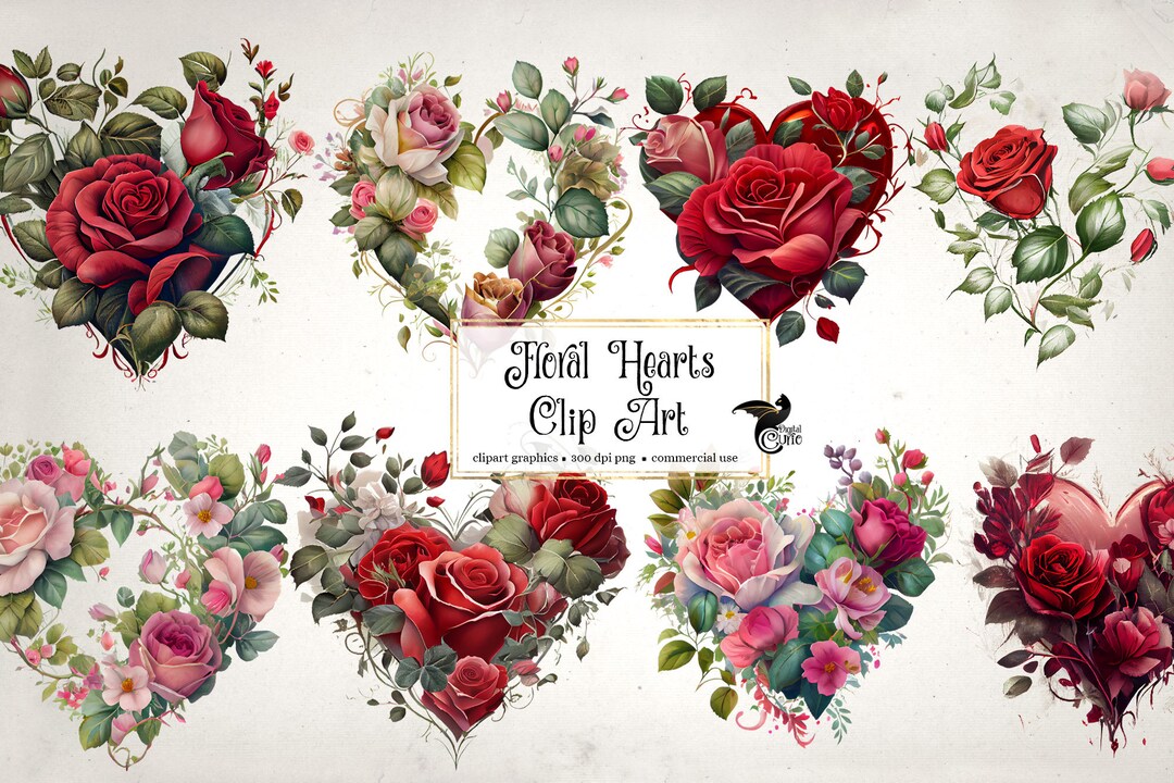 Floral Hearts Clipart, Flower Heart Valentine Illustrations Digital ...