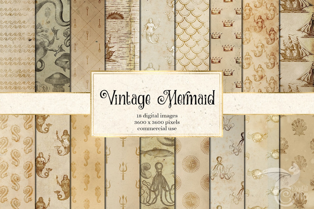 Vintage Mermaid Digital Paper - Printable Antique Nautical Backgrounds ...