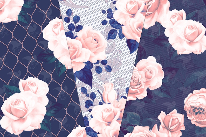 Blush and Navy Roses Digital Paper - Seamless Wedding Backgrounds ...