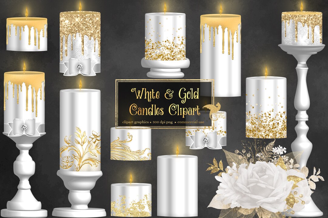 White and Gold Candle Clipart – Glitter and Foil Graphics (digital ...
