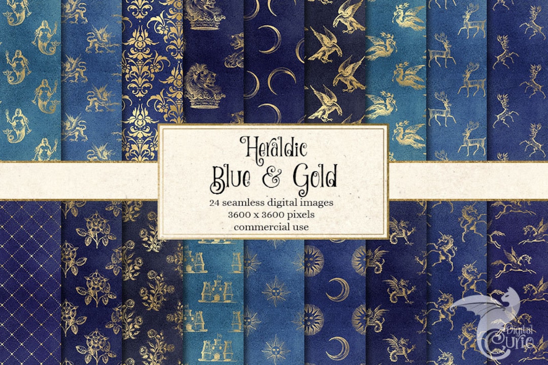 Heraldic Blue and Gold Digital Paper, Seamless Patterns, Medieval ...