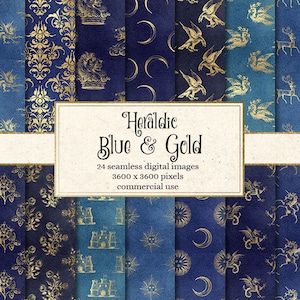 Heraldic Blue and Gold Digital Paper, Seamless Patterns, Medieval ...