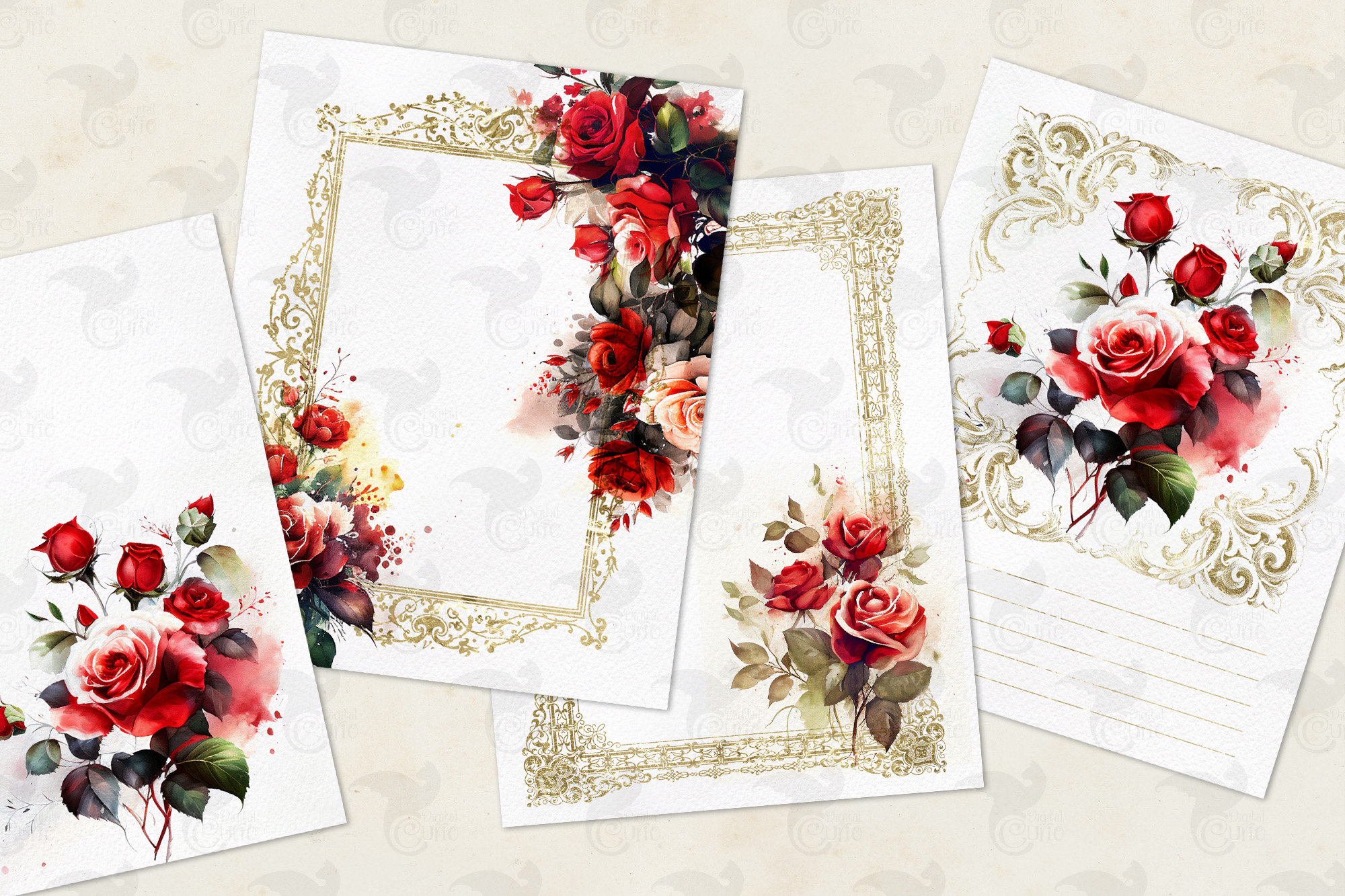 Red Watercolor Rose Digital Paper, Printable Junk Journal Watercolor ...