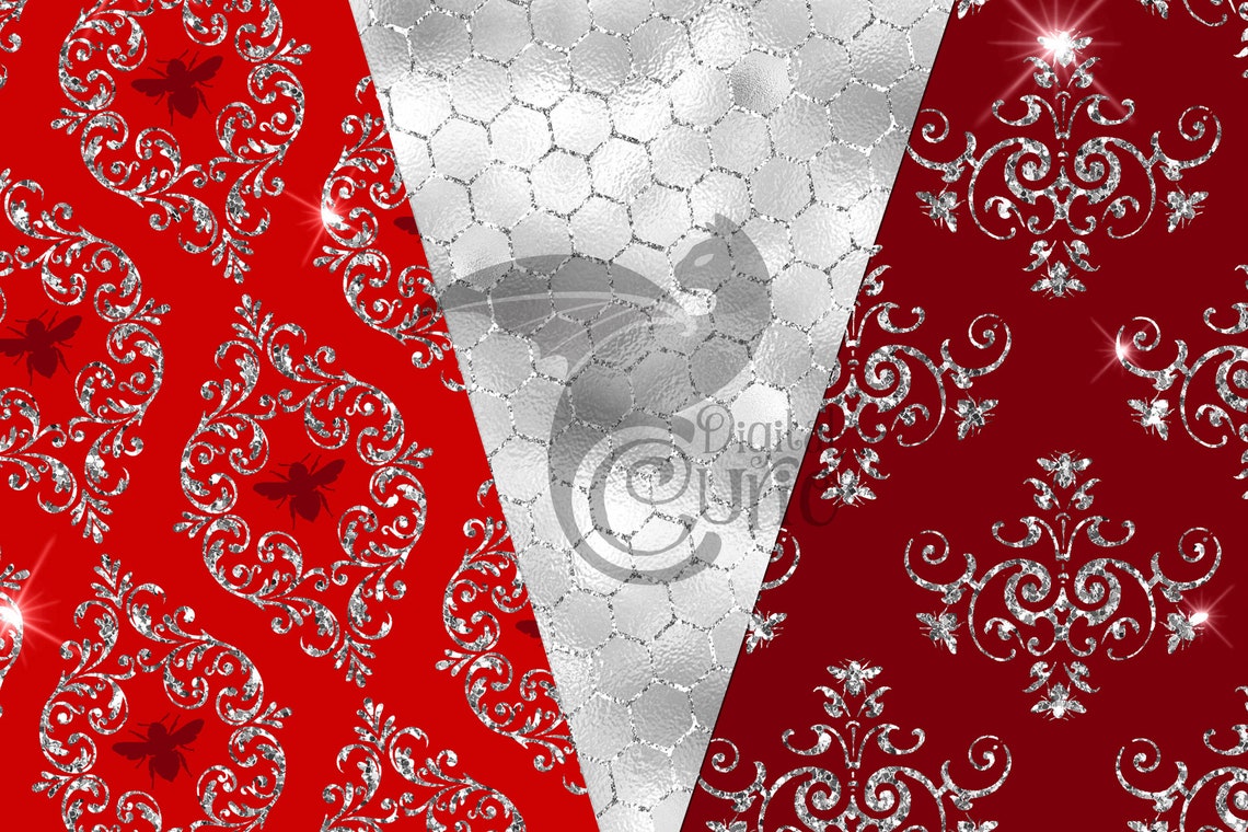 Red and Silver Honey Bee Digital Paper Seamless Patterns | Etsy