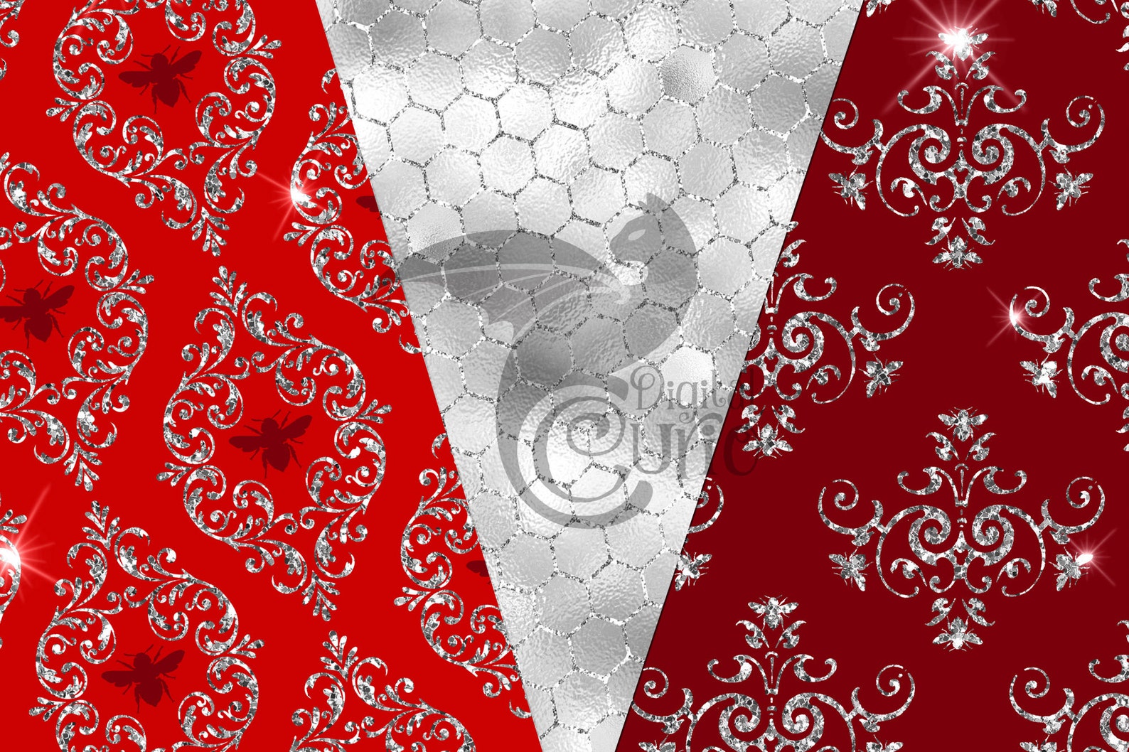 Red and Silver Honey Bee Digital Paper Seamless Patterns | Etsy