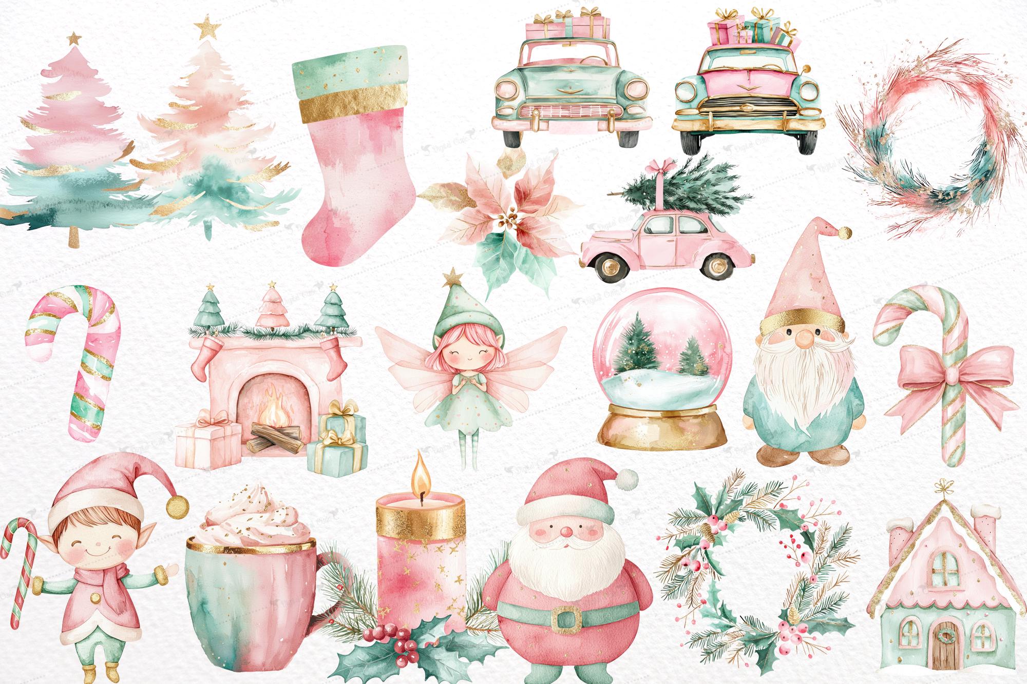 Watercolor Christmas Clipart – Blush Pink, Mint, and Gold (93 PNG) - Etsy