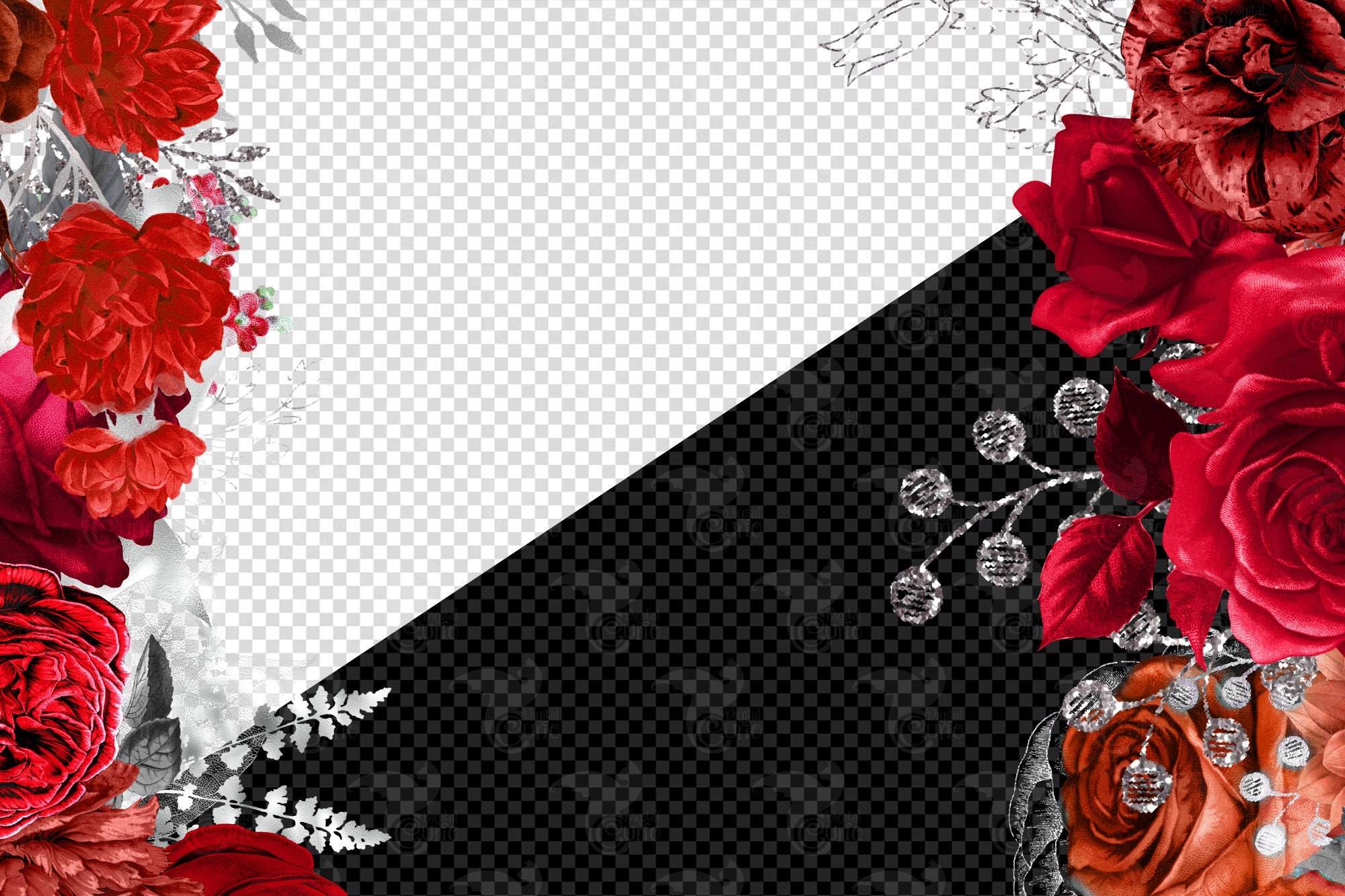 Red Silver Floral Overlays, Vintage Flower Clipart (5x7, Digital ...