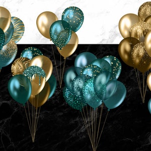Teal and Gold Balloons Clipart, Glitter Balloon Png Digital Overlays ...