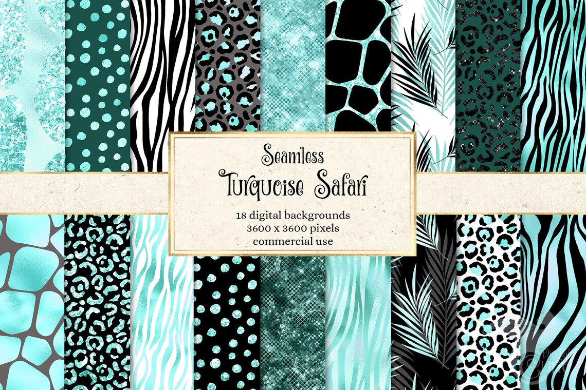 Turquoise Safari Digital Paper Seamless Aqua African Animal | Etsy