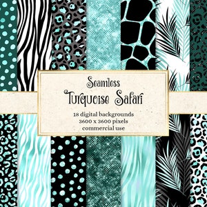 Turquoise Safari Digital Paper – Seamless Animal Print Patterns ...