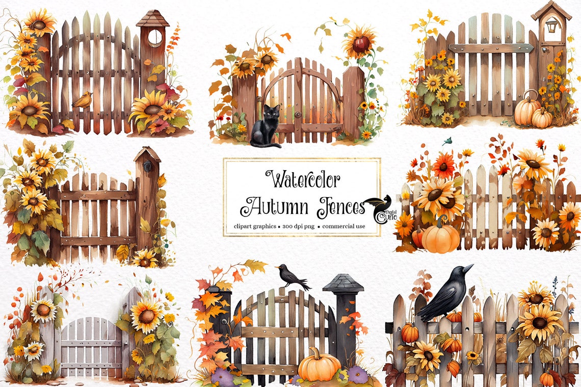 Watercolor Autumn Fences Clipart - Fall Floral PNG Format Instant ...