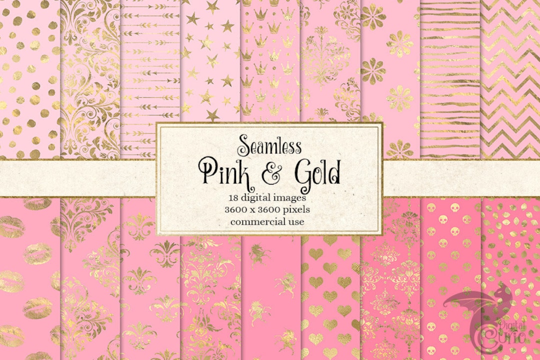 Pink and Gold Digital Paper, Seamless Gold Foil and Pink Patterns ...
