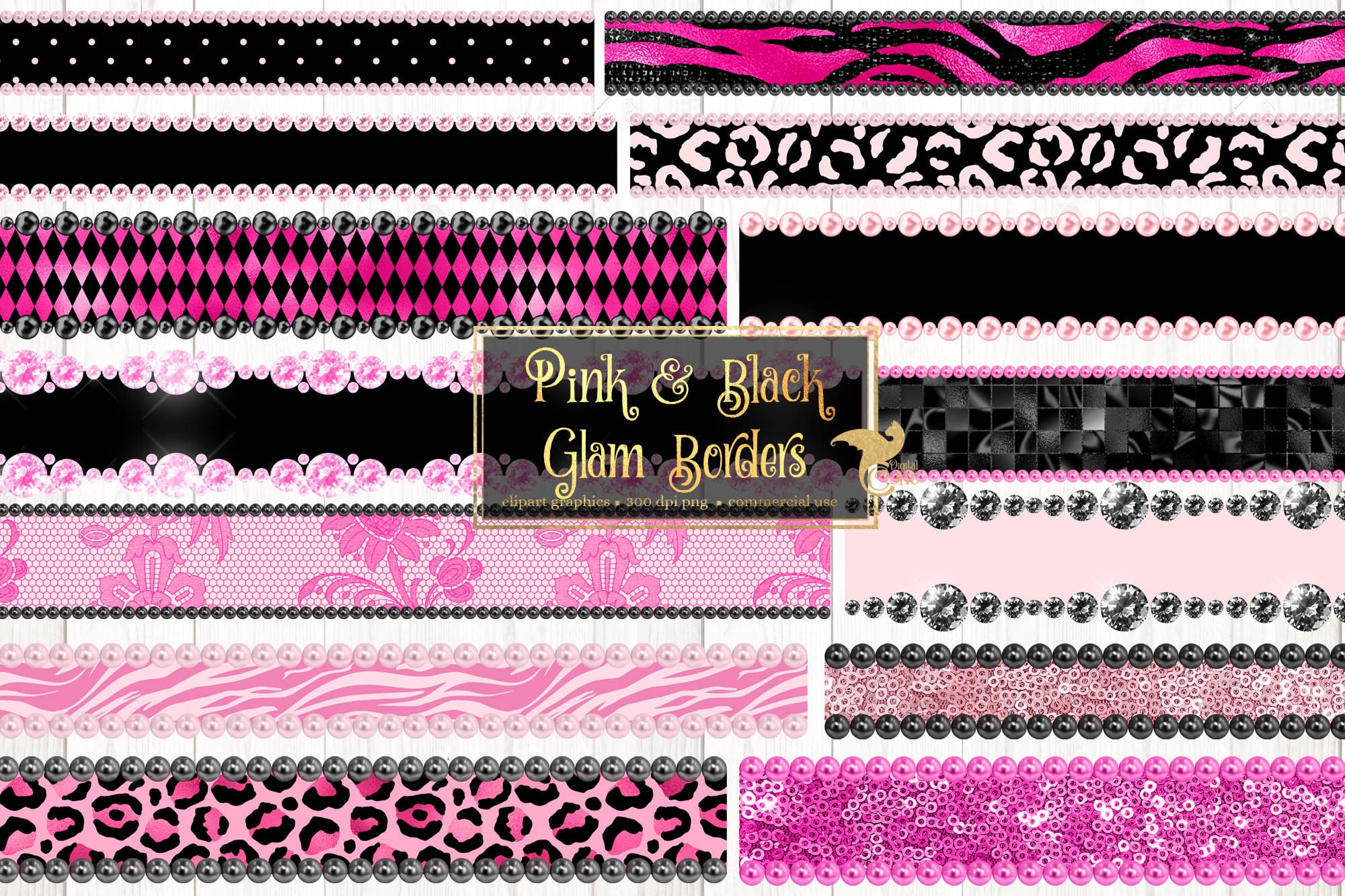 Pink and Black Glam Borders Clipart Diamond and Pearl - Etsy Australia