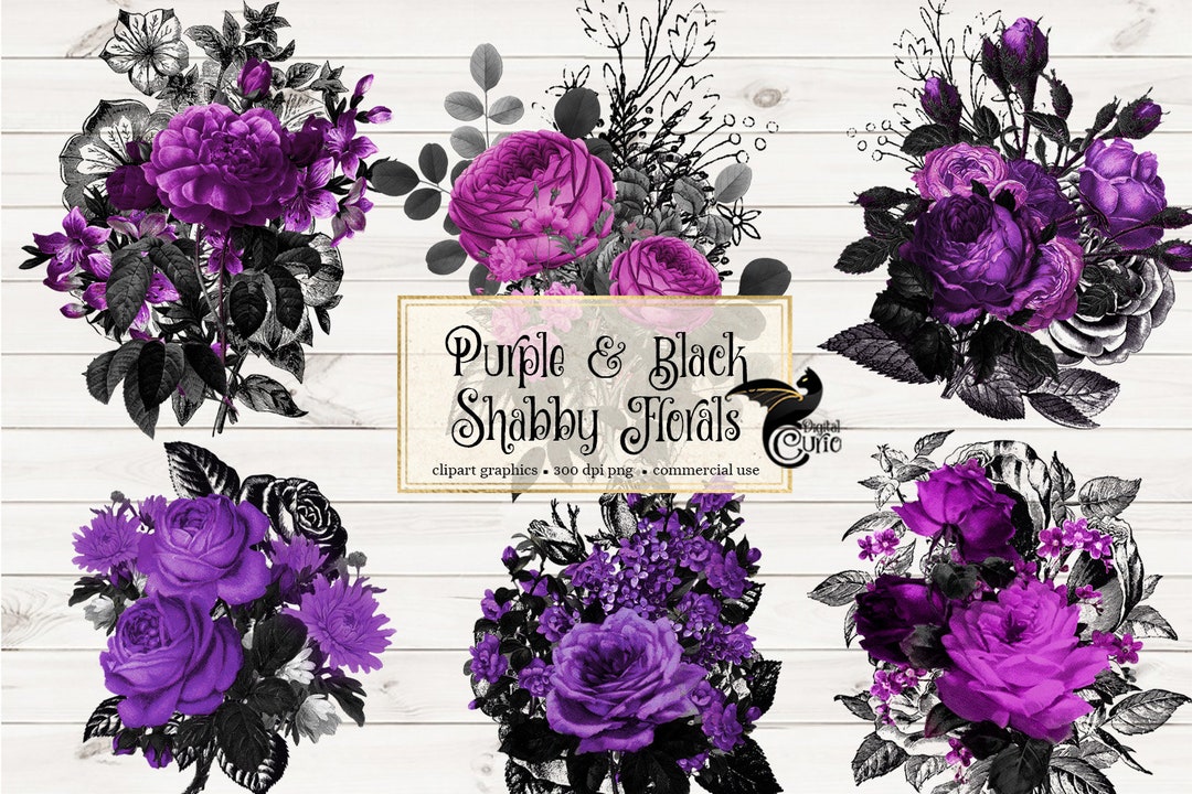 Purple and Black Shabby Floral Clip Art, Digital Instant Download ...
