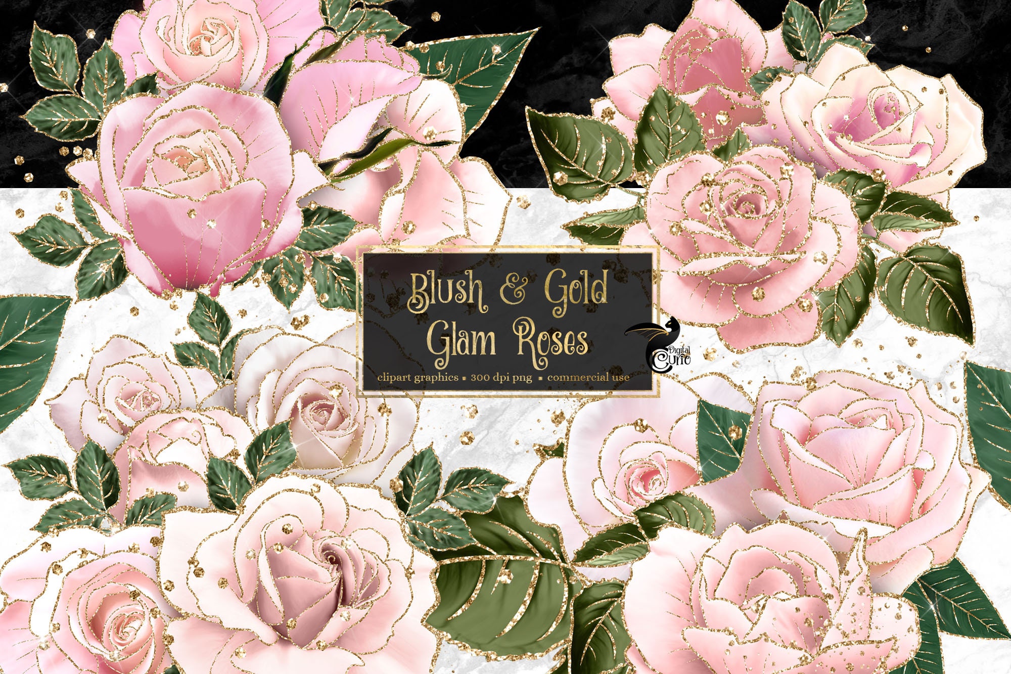 Blush and Gold Glam Rose Clip Art Digital Instant Download - Etsy