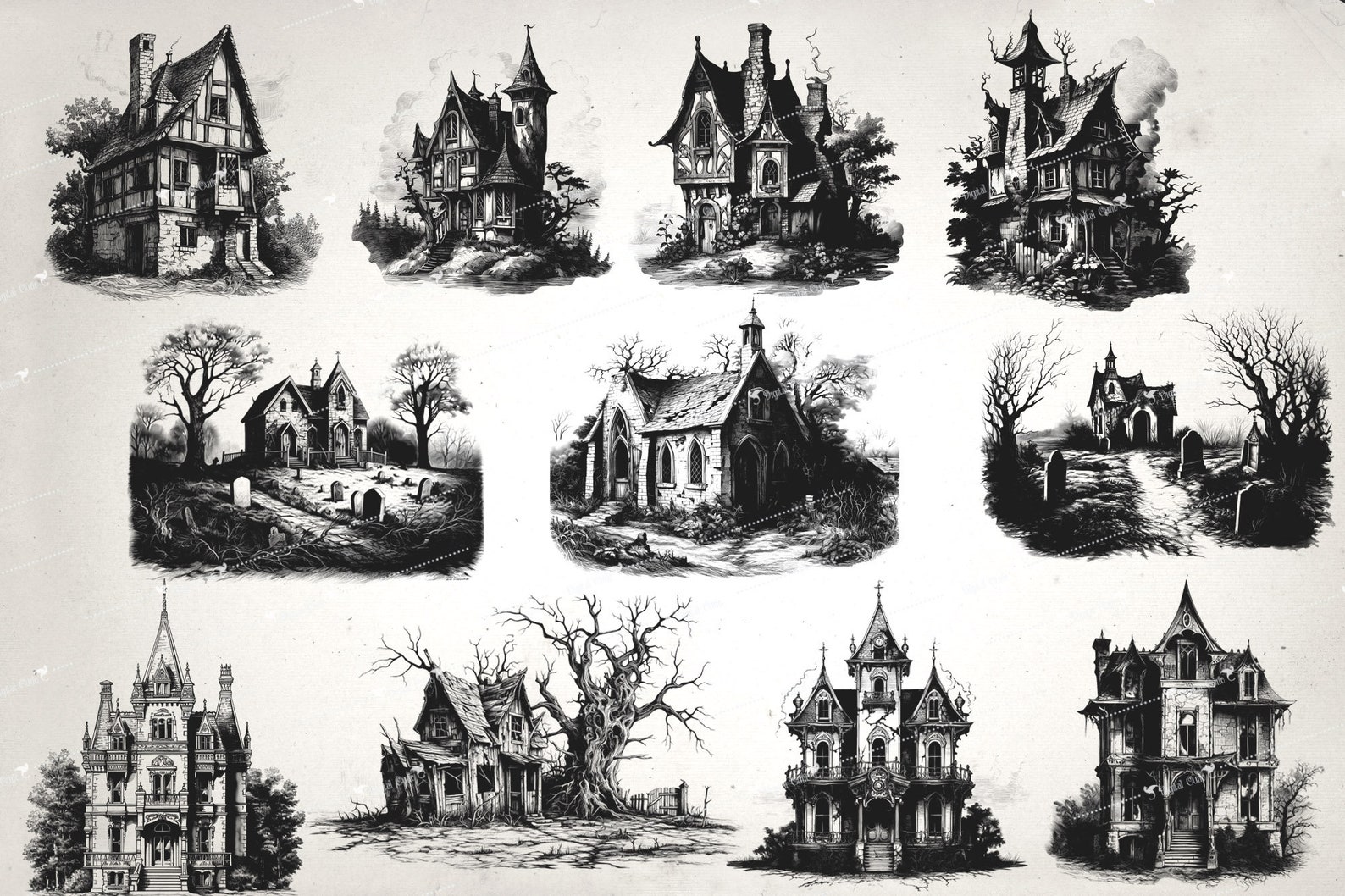 Vintage Haunted Houses Clipart, Antique Witch House Halloween Clip Art ...