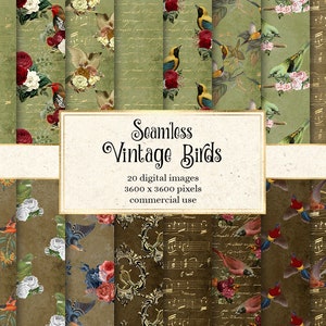 Vintage Birds Digital Paper, Seamless Antique Bird Printable Scrapbook ...