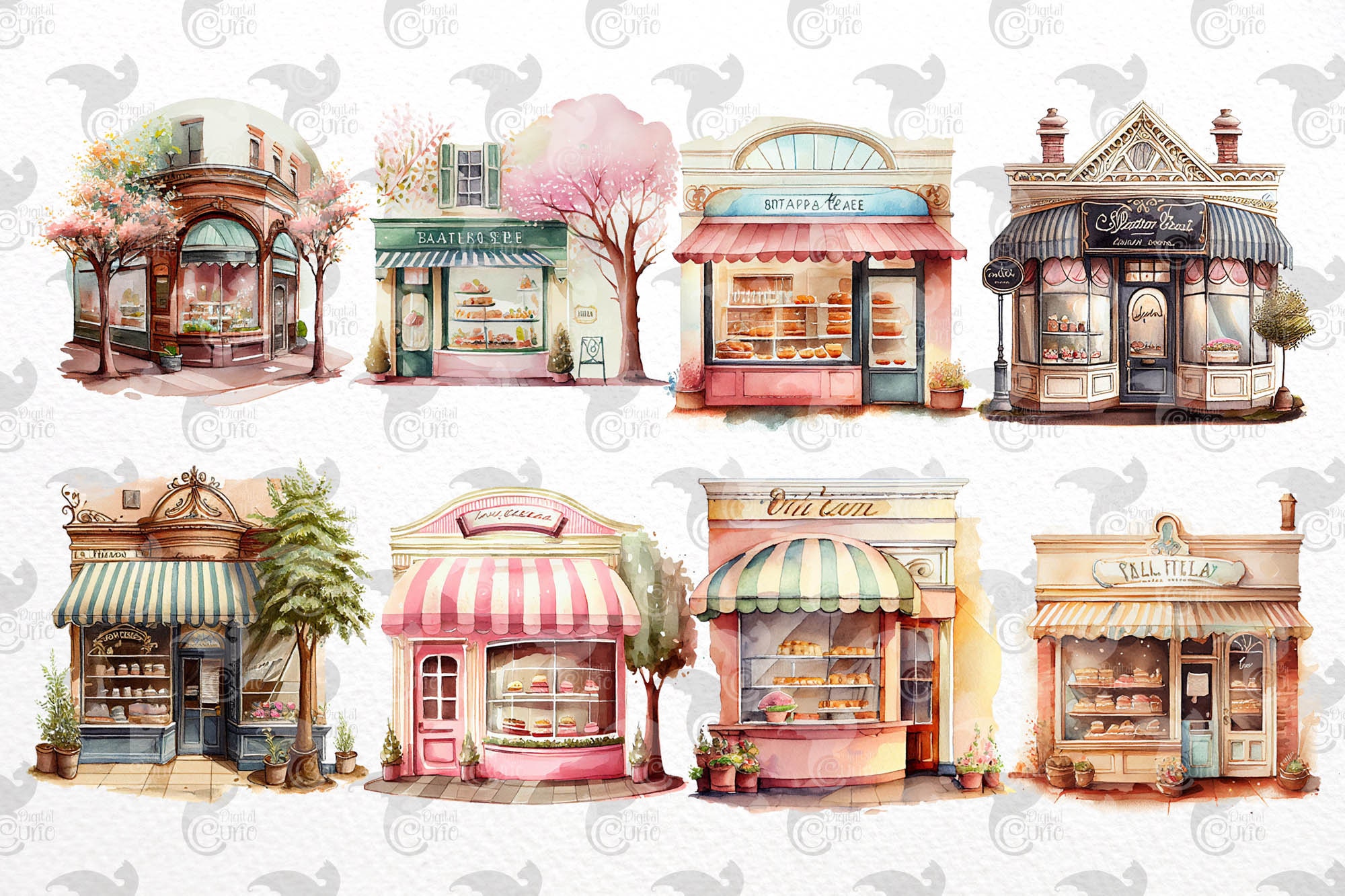 Watercolor Bakery Storefronts Clipart - Cute Bakery Shop Cafe PNG ...