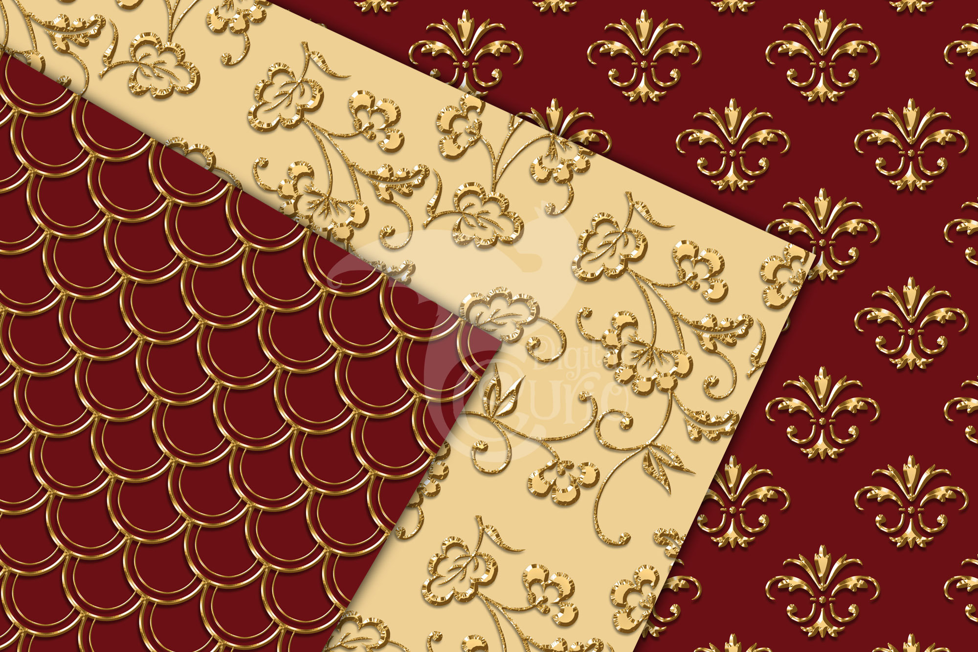 Ornate Red and Gold Digital Paper, Seamless Damask Patterns Printable ...