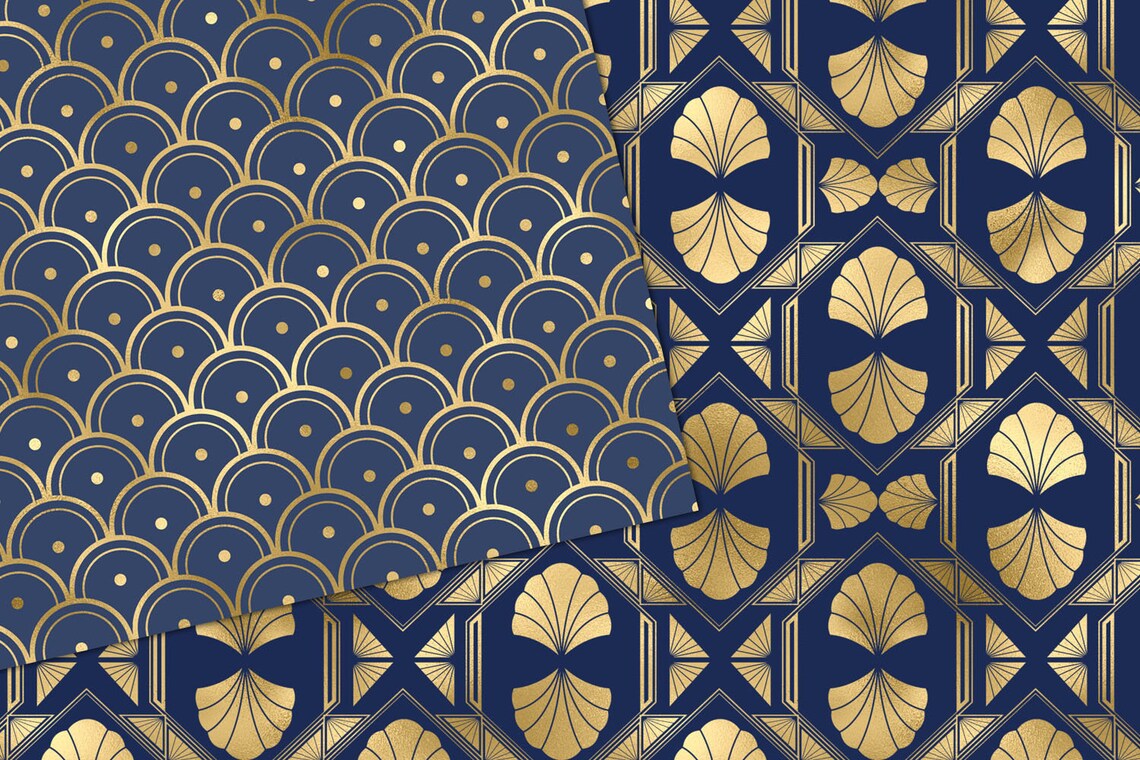 Navy and Gold Art Deco Digital Paper, Seamless Geometric Patterns ...