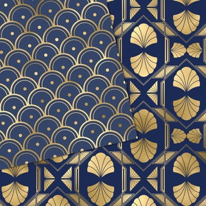 Navy and Gold Art Deco Digital Paper, Seamless Deco Patterns With ...