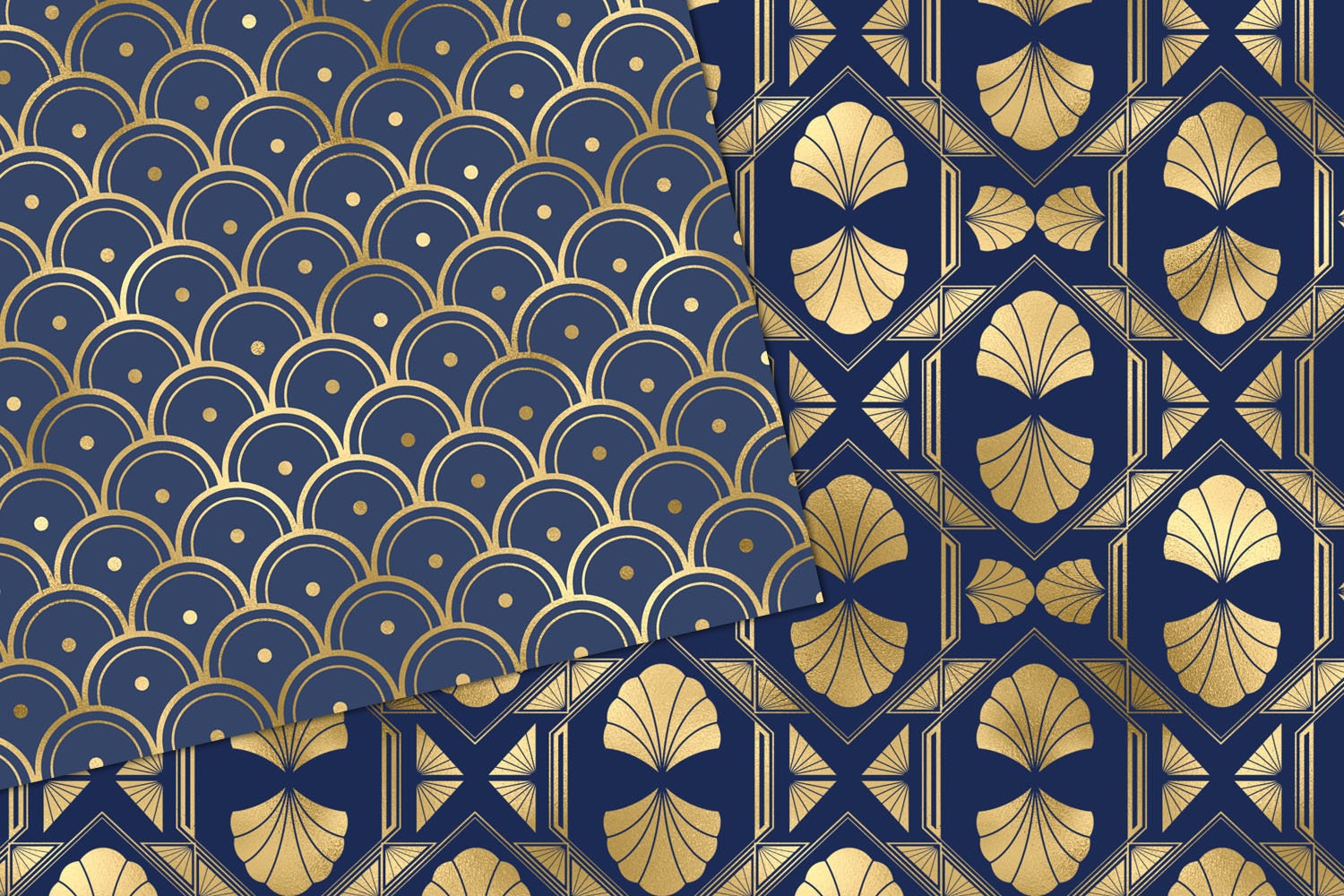 Navy and Gold Art Deco Digital Paper, Seamless Geometric Patterns ...