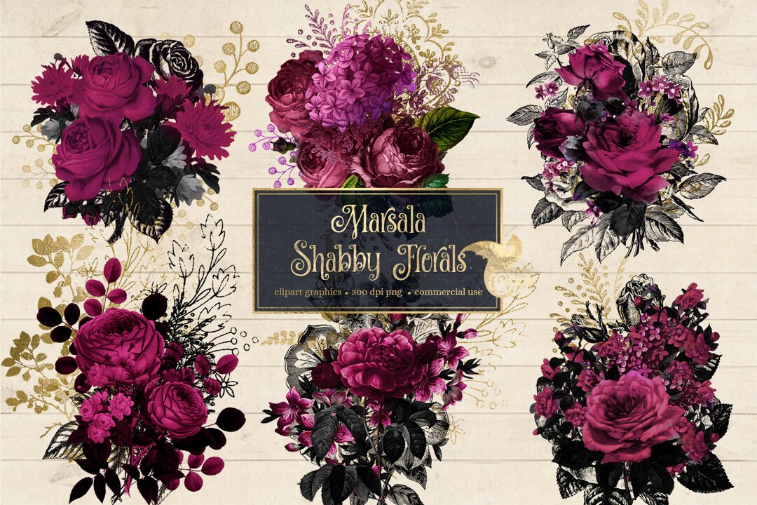 Marsala Shabby Floral Clip Art, Burgundy and Gold Digital Instant ...