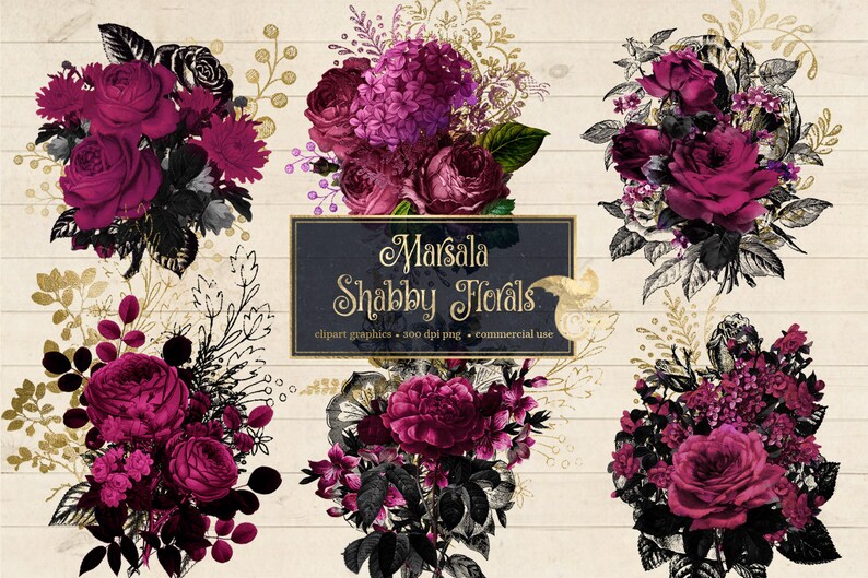 Marsala Shabby Floral Clip Art Burgundy and Gold Digital - Etsy