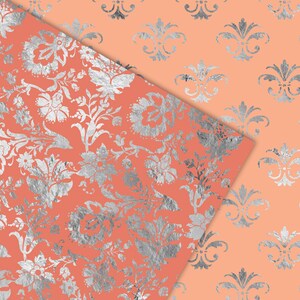 Coral and Silver Digital Paper, Seamless Coral Peach and Silver Foil ...