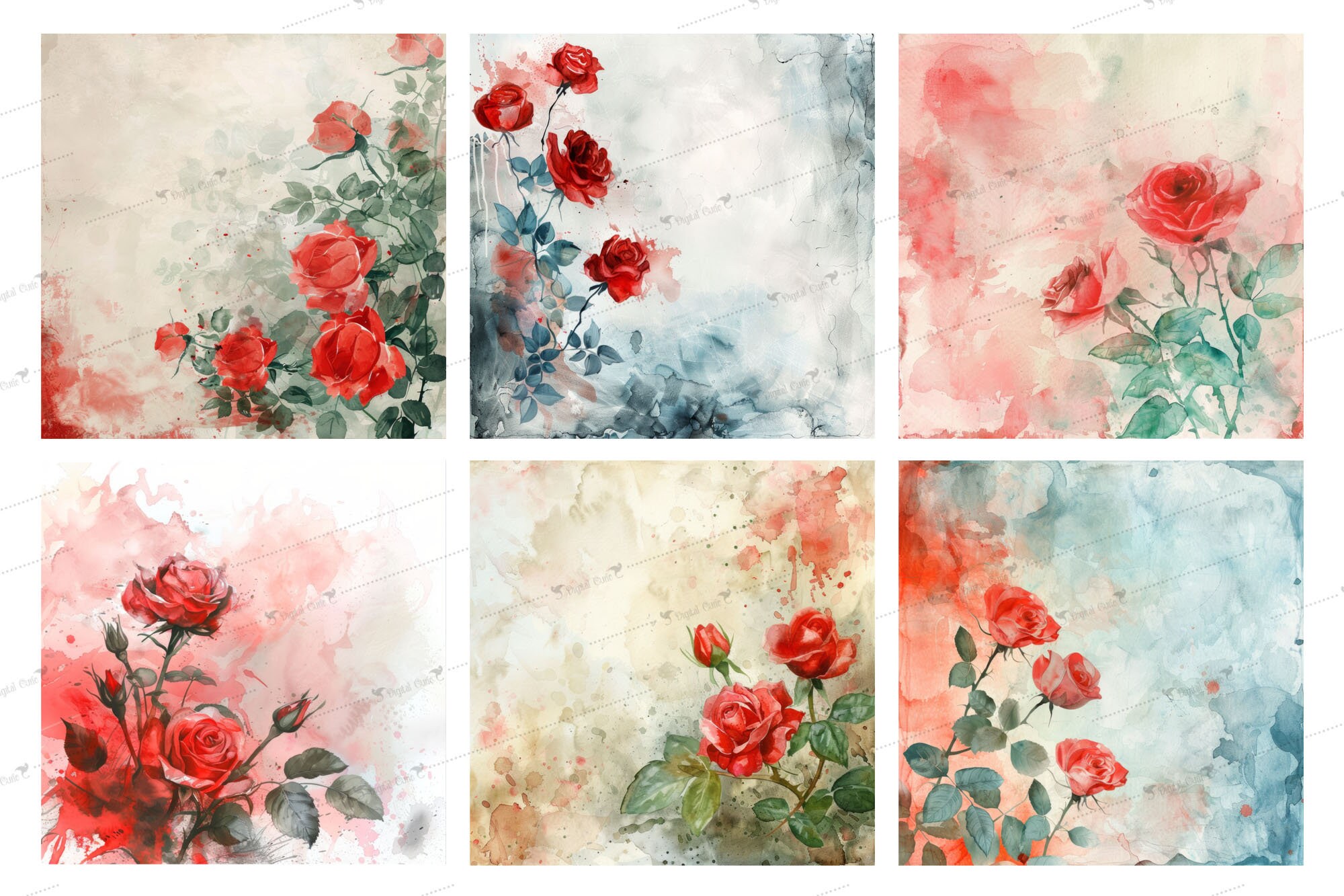 Watercolor Red Rose Backgrounds, Watercolour Wash Digital Paper, Floral ...