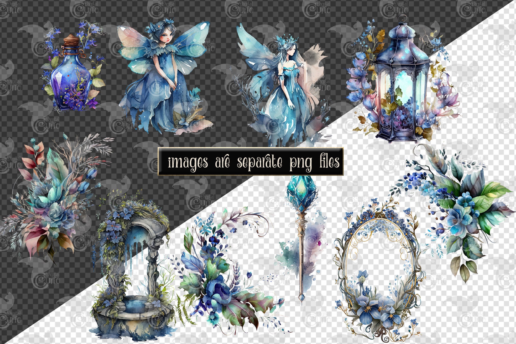 Watercolor Blue Fairy Clipart – Floral Fantasy Graphics (PNG, Digital ...