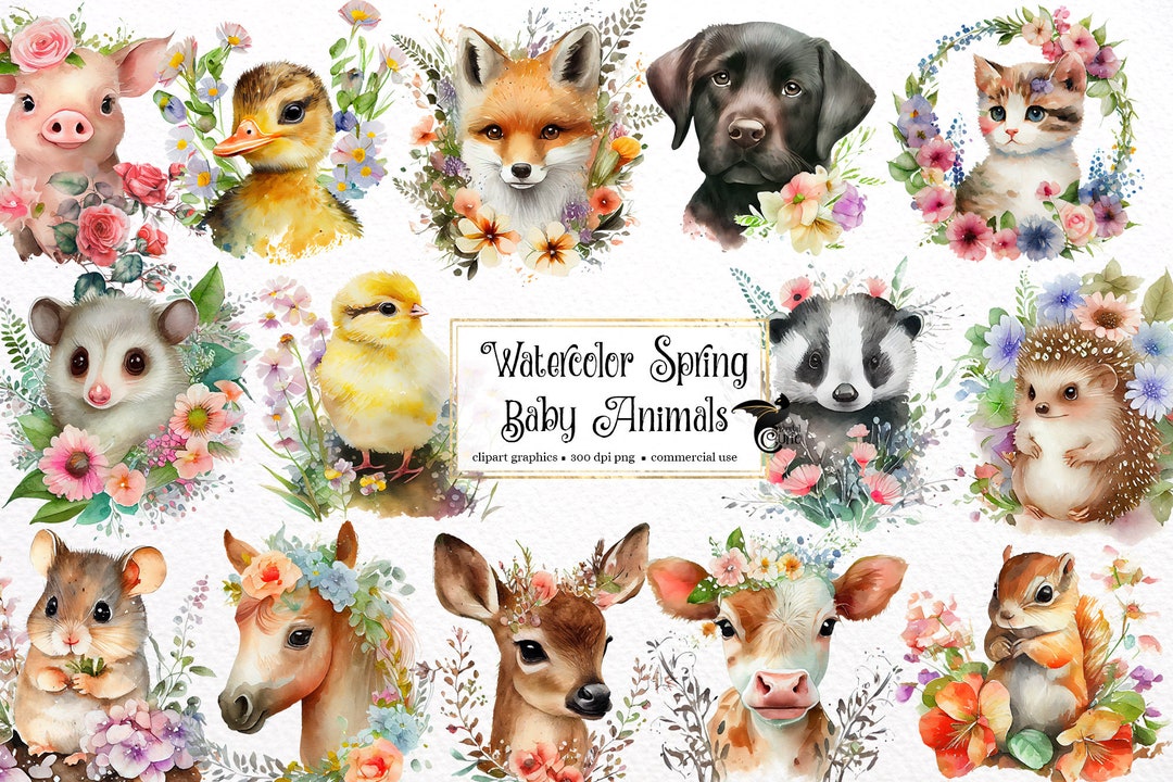 Watercolor Spring Baby Animals Clipart - Animals With Floral Bouquets ...