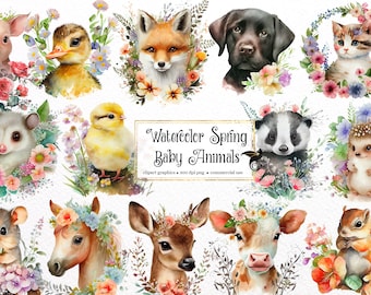 Watercolor Spring Cute Baby Animals Clipart Bundle Gift Cute Little ...