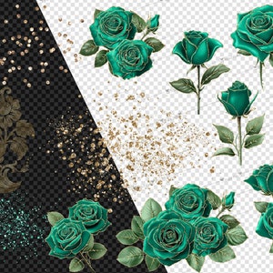 Emerald and Gold Glam Rose Clip Art, Digital Instant Download Glitter ...
