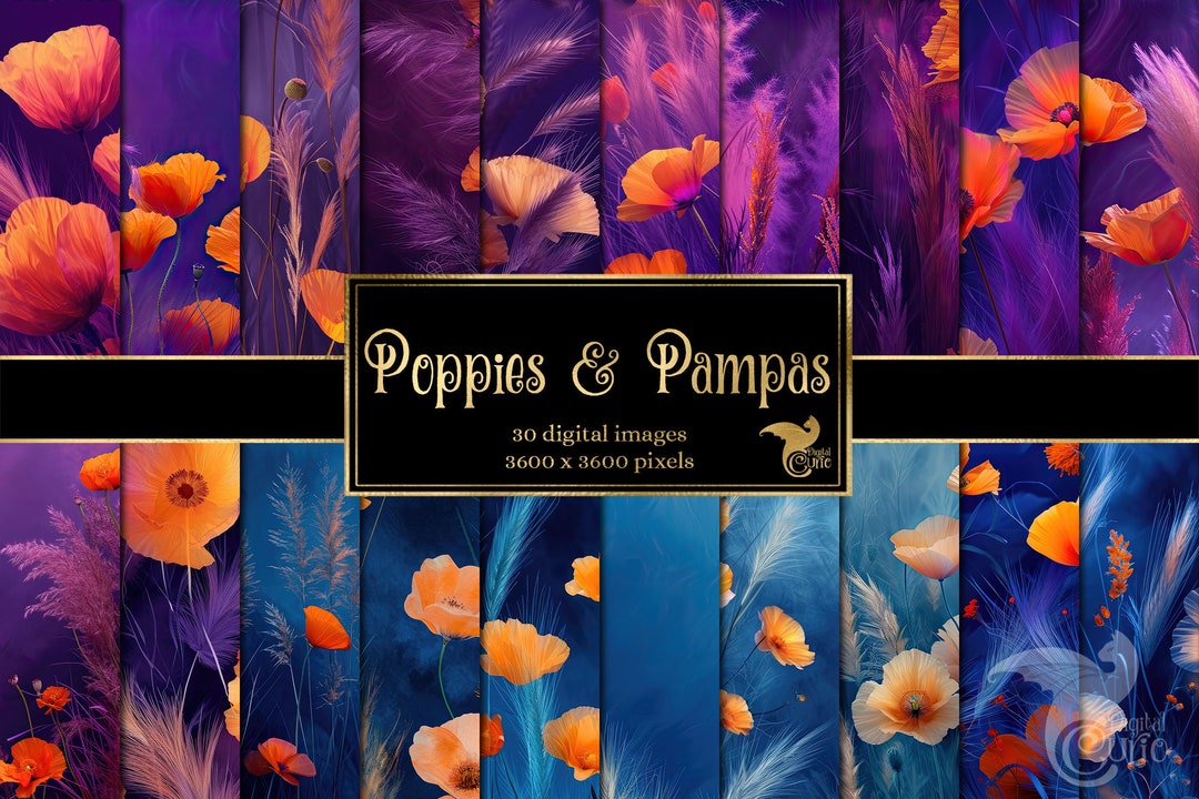 Poppies and Pampas Grass Backgrounds, Digital Paper, Dark Floral ...