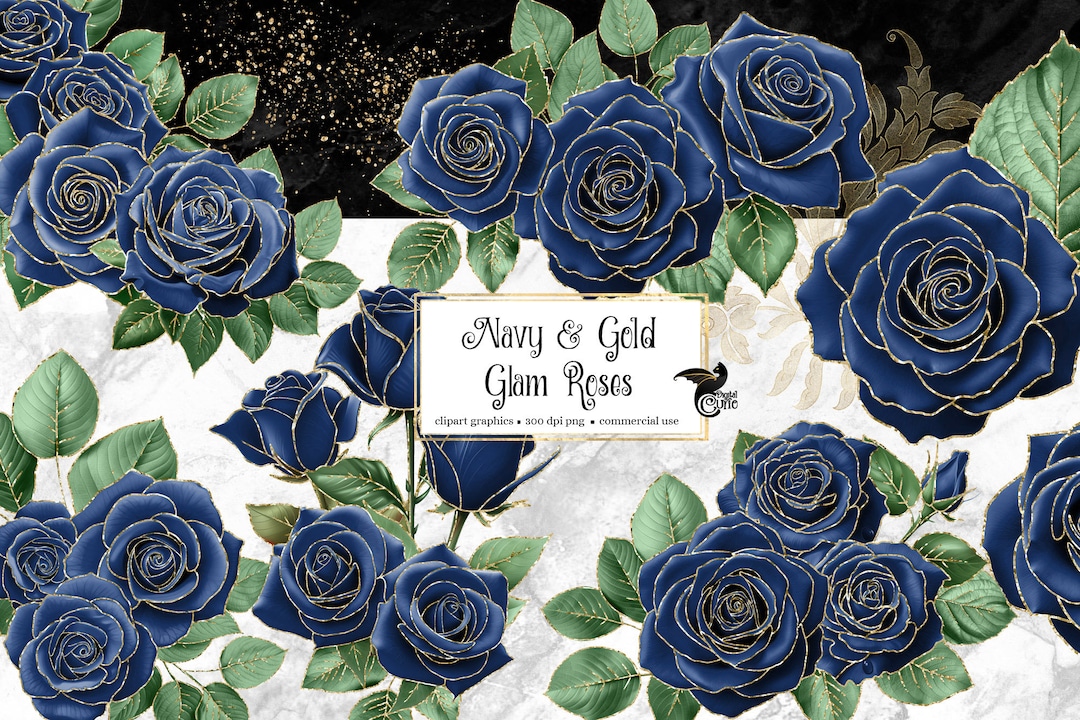 Navy and Gold Rose Clipart, Glitter Flower PNG Embellishments (digital ...
