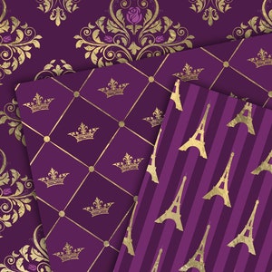 Purple and Gold Paris Digital Paper, Eiffel Tower, Fleur De Lis ...