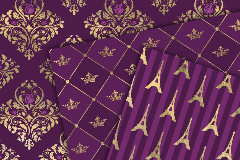 Purple and Gold Paris Digital Paper, Eiffel Tower, Fleur De Lis ...
