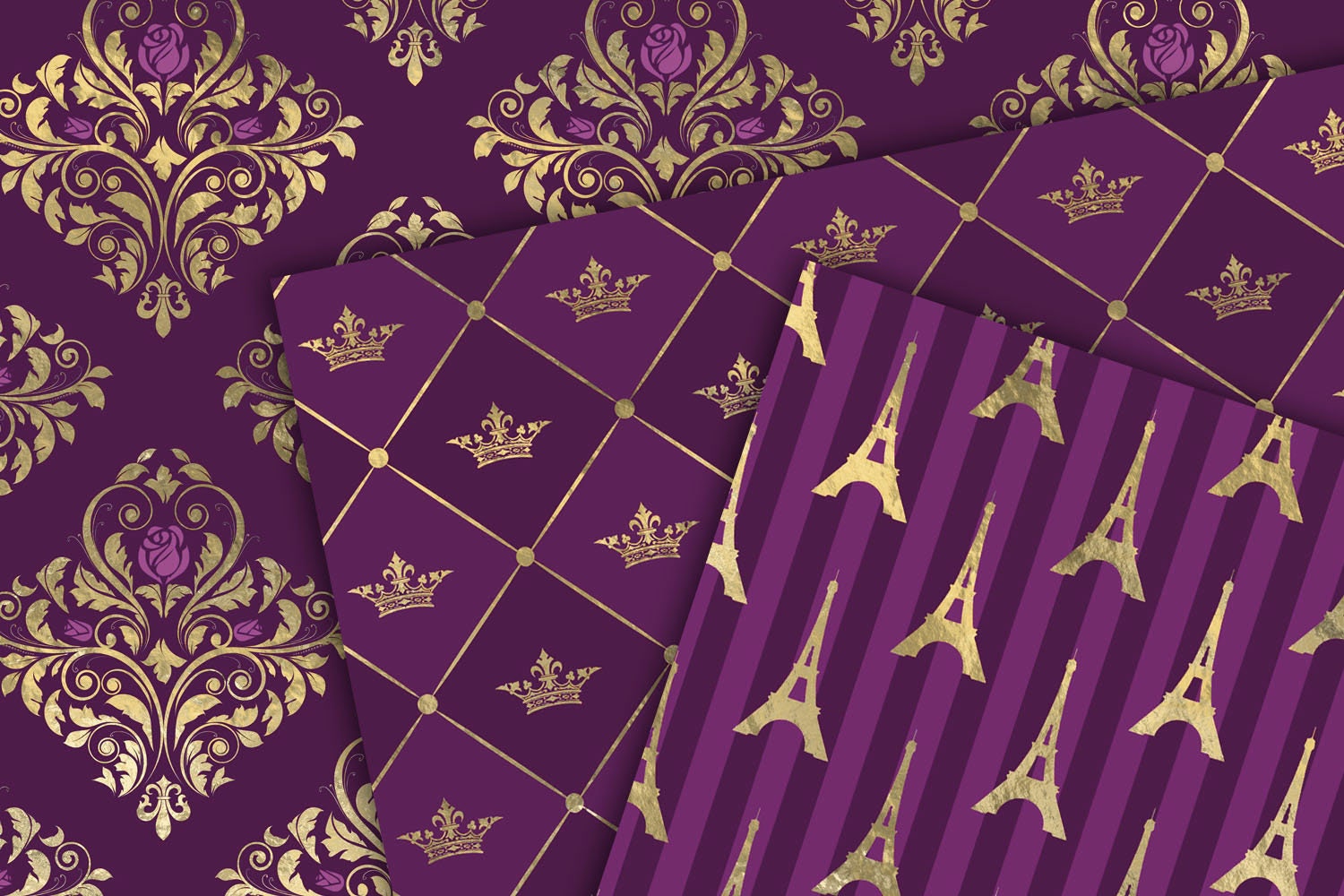 Purple and Gold Paris Digital Paper seamless French pattern | Etsy