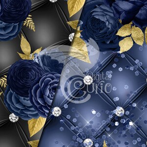 Navy and Gold Luxury Floral Digital Paper - Seamless Tufted Diamond ...