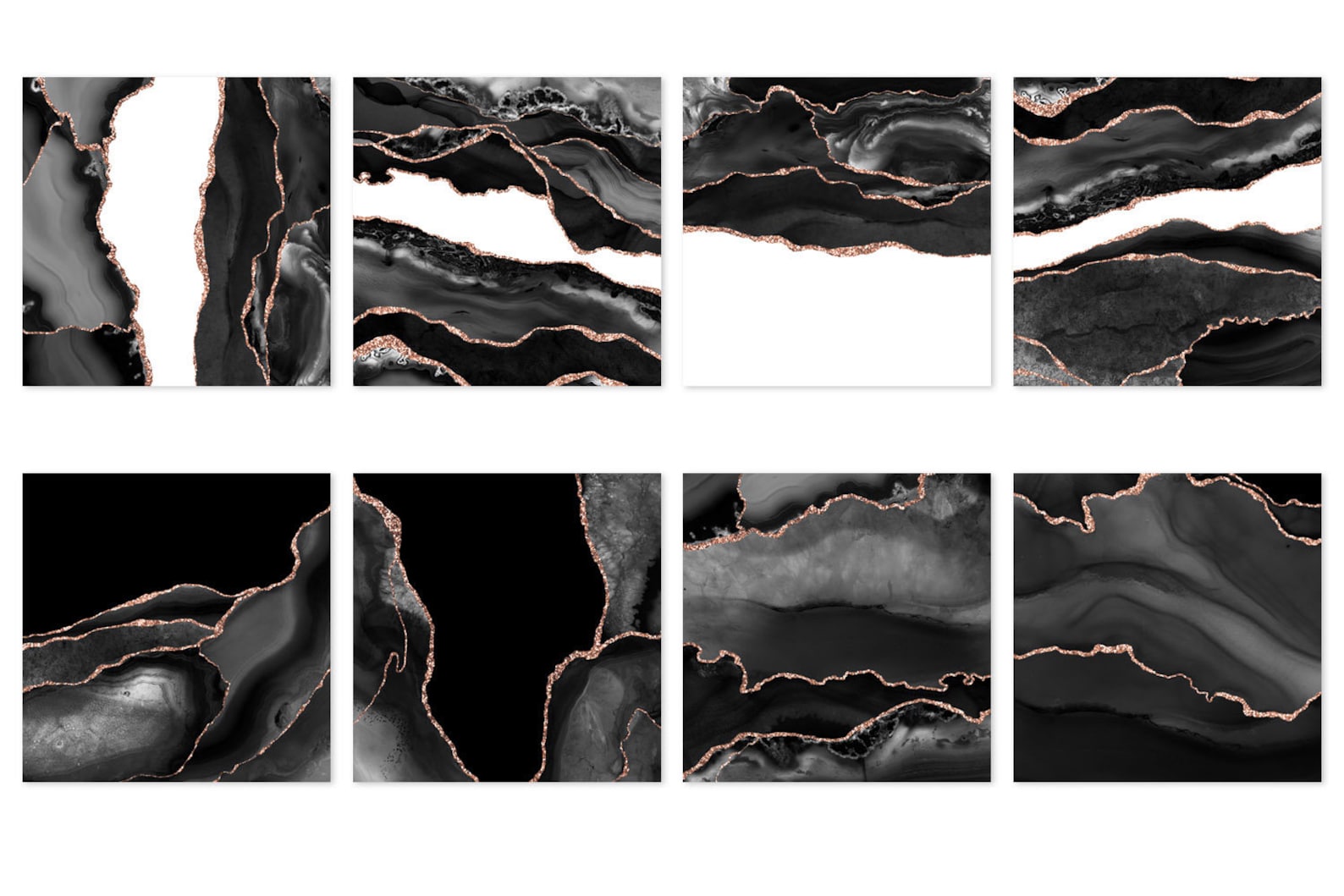 Black and Rose Gold Agate Borders, Watercolor PNG Overlays (digital ...