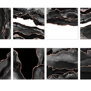 Black and Rose Gold Agate Borders, Digital Watercolor Geode PNG ...