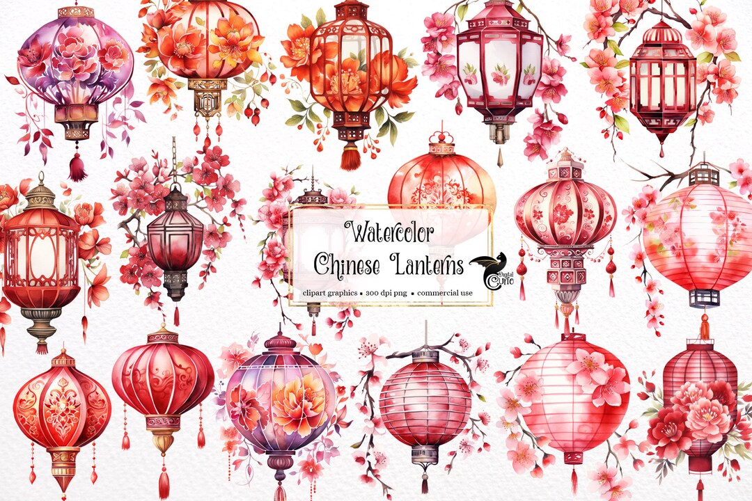 Watercolor Chinese Lanterns Clipart - Cherry Blossom Paper Lanterns in ...