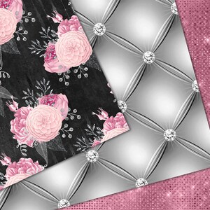 Pink Silver Floral Digital Paper: Seamless Rose Scrapbook Patterns ...