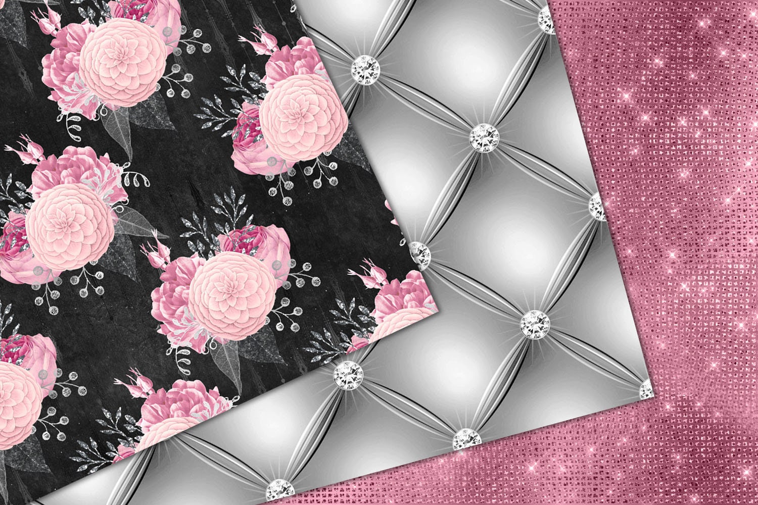 Pink and Silver Floral Digital Paper Seamless Pink Rose - Etsy