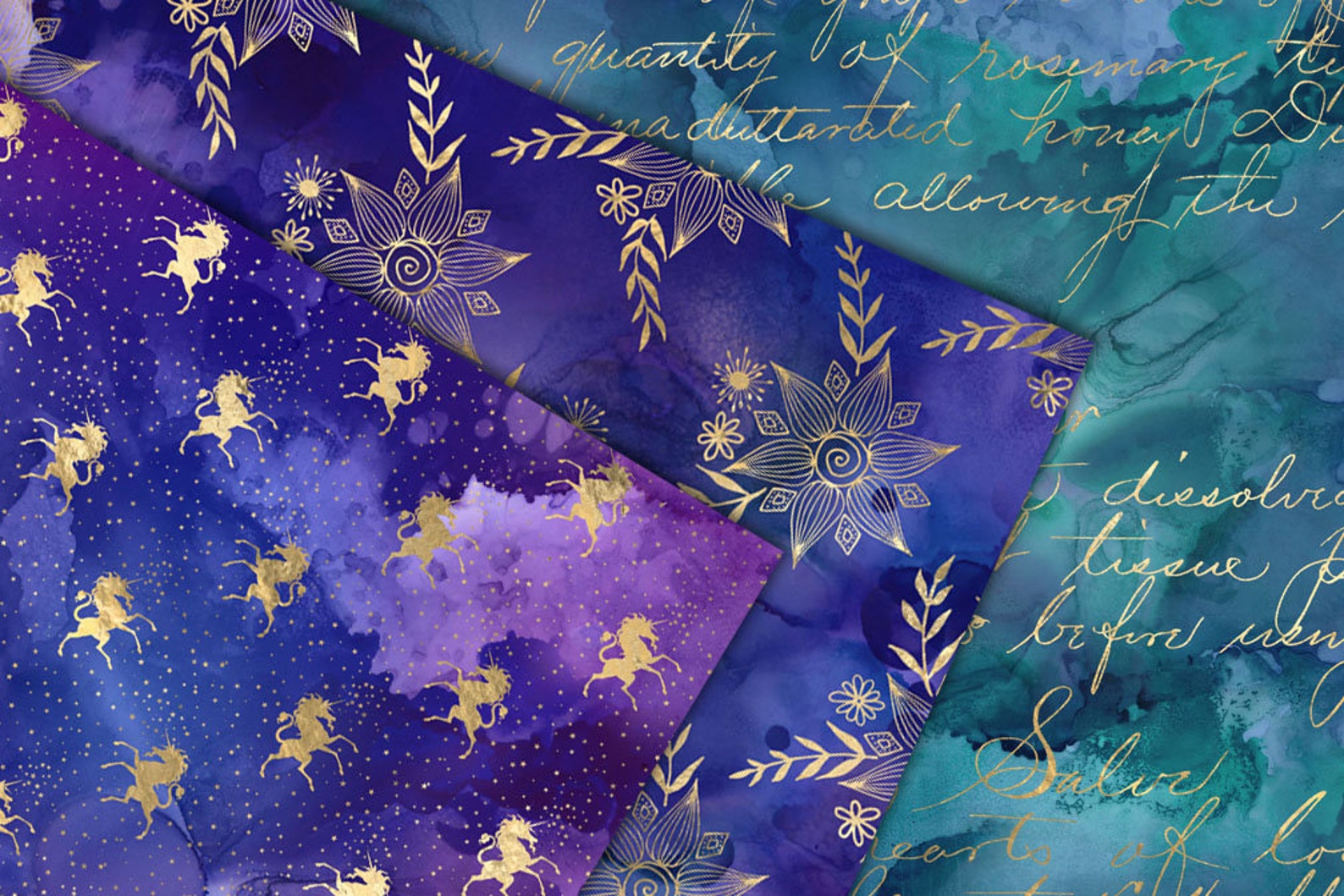 Watercolor and Gold Digital Paper Seamless Gold Foil | Etsy