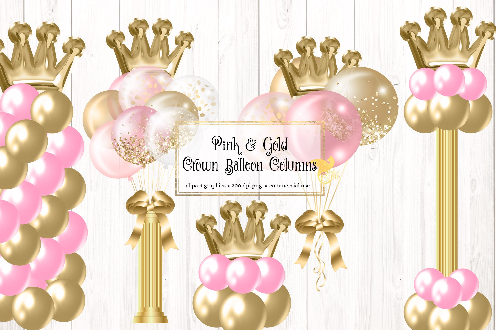 Pink and Gold Crown Balloon Column Clipart (digital Download) - Etsy