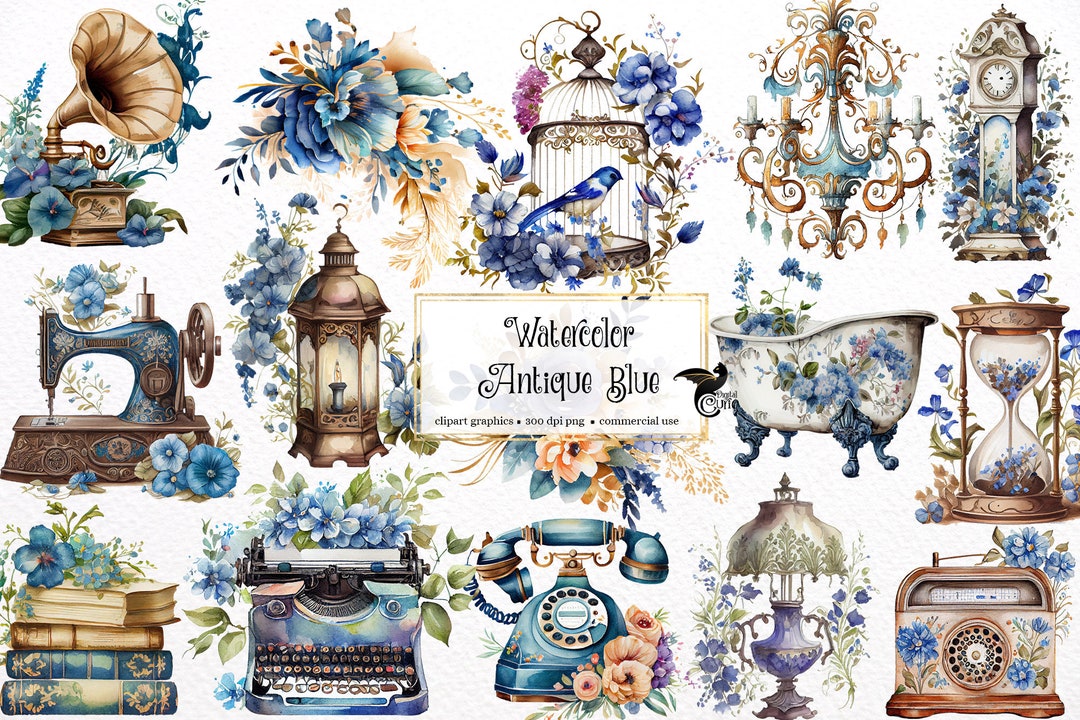 Watercolor Blue Antique Clipart - Vintage Shabby PNG Format Instant ...