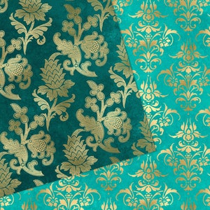 Turquoise and Gold Damask Digital Paper, Seamless Patterns (digital ...