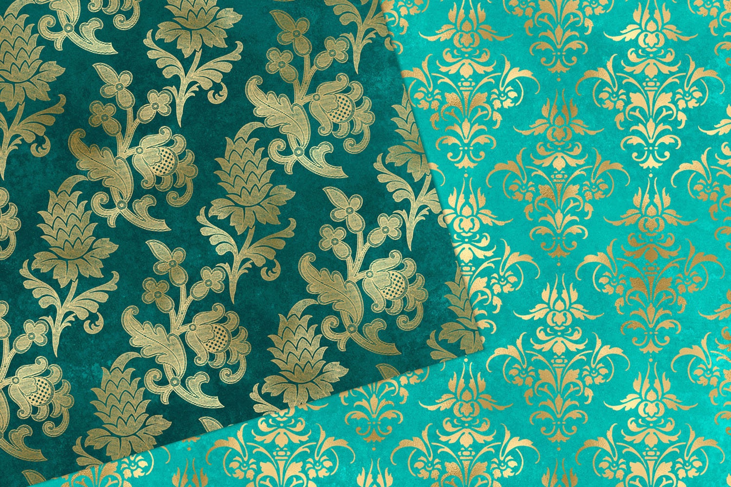 Turquoise and Gold Damask Digital Paper Seamless Damask | Etsy